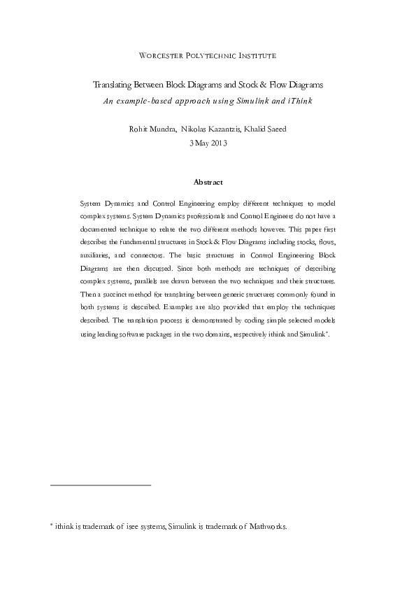(PDF) Translating Between Block Diagrams and Stock & Flow Diagrams, An ...