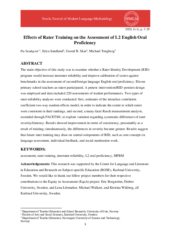 (PDF) Effects of Rater Training on the Assessment of L2 English Oral Proficiency | Gustaf Skar ...