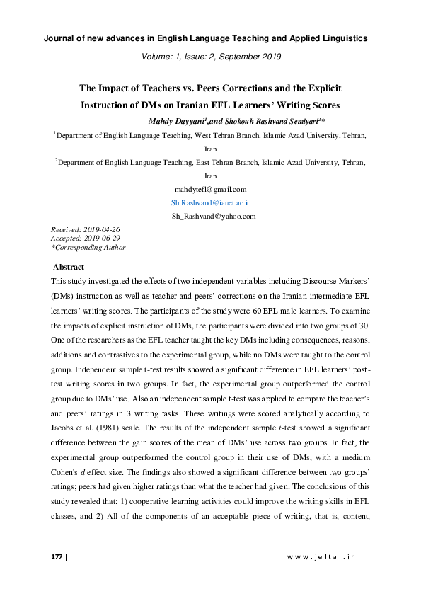(PDF) The Impact of Teachers vs. Peers Corrections and the Explicit Instruction of Discourse ...