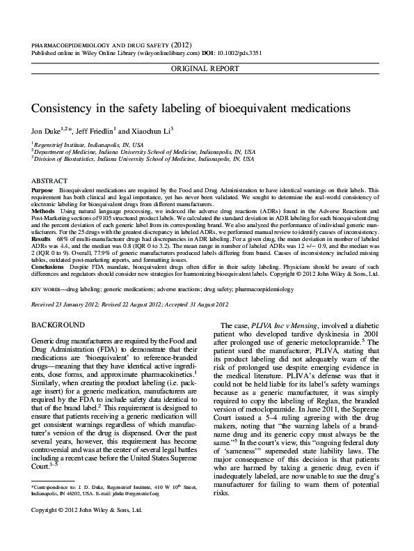 (PDF) Consistency in the safety labeling of bioequivalent medications