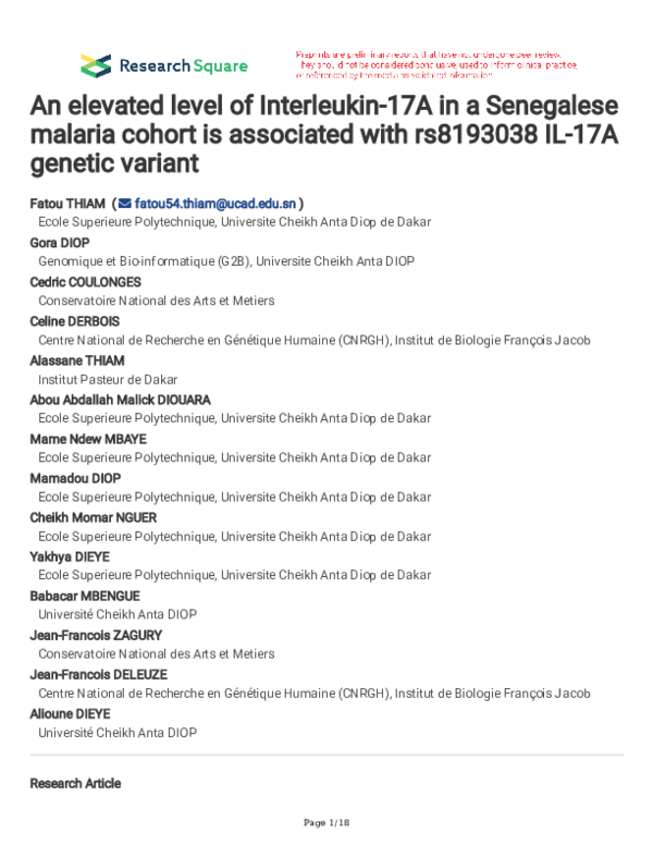 (PDF) An elevated level of Interleukin-17A in a Senegalese malaria cohort is associated with ...
