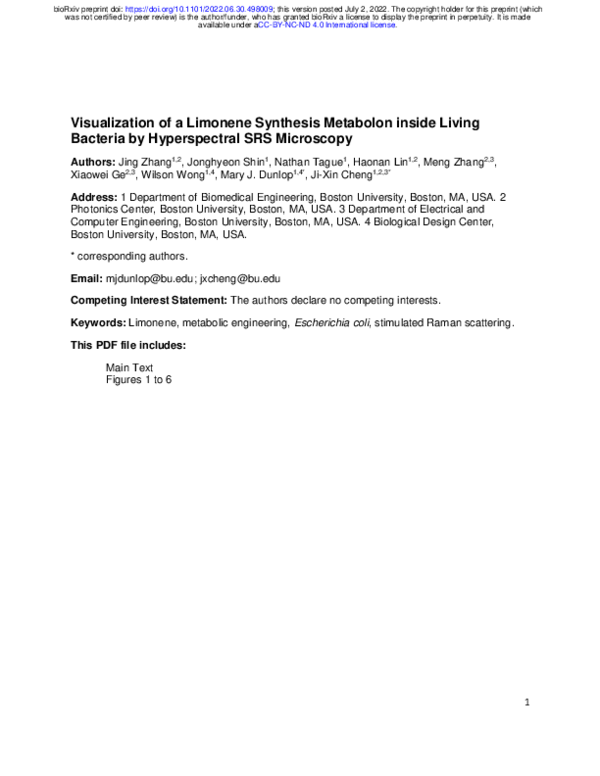 (PDF) Visualization of a Limonene Synthesis Metabolon inside Living ...
