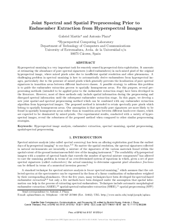 Pdf Joint Spectral And Spatial Preprocessing Prior To Endmember Extraction From Hyperspectral