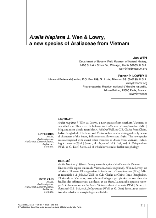 (PDF) Aralia hiepiana J. Wen & Lowry, a new species of Araliaceae from Vietnam