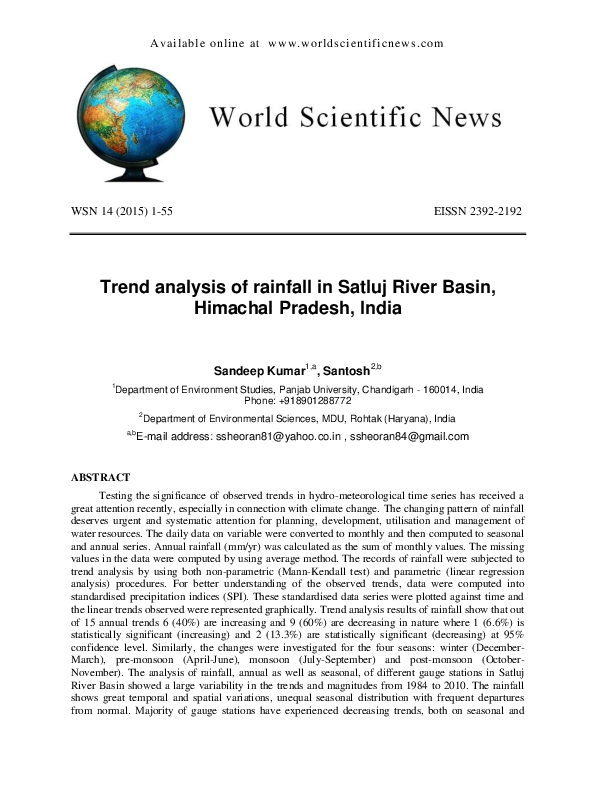 (PDF) Trend analysis of rainfall in Satluj River Basin, Himachal ...