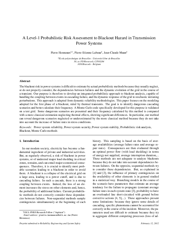 (PDF) A level-1 probabilistic risk assessment to blackout hazard in ...