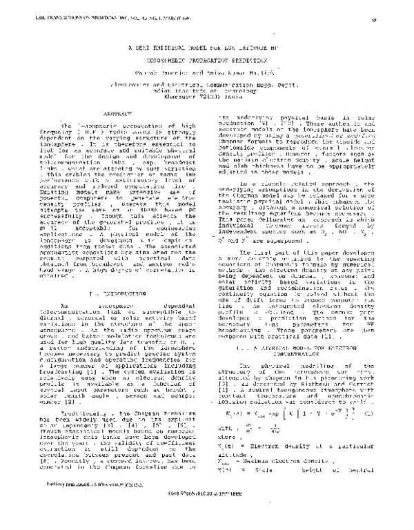 Pdf A Semi Empirical Model For Low Latitude Hf Ionospheric Propagation Prediction Gargi