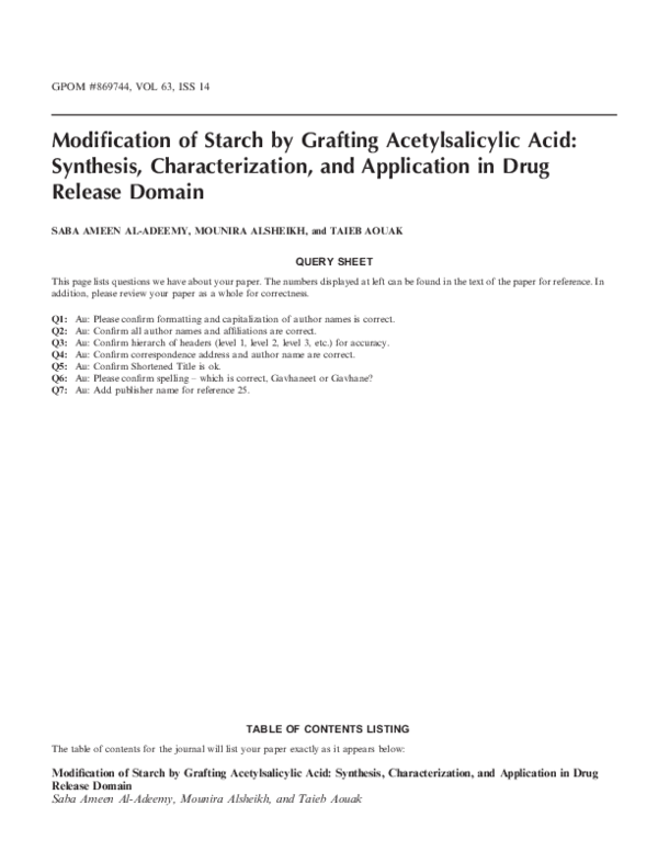 (PDF) Modification of Starch by Grafting Acetylsalicylic Acid ...
