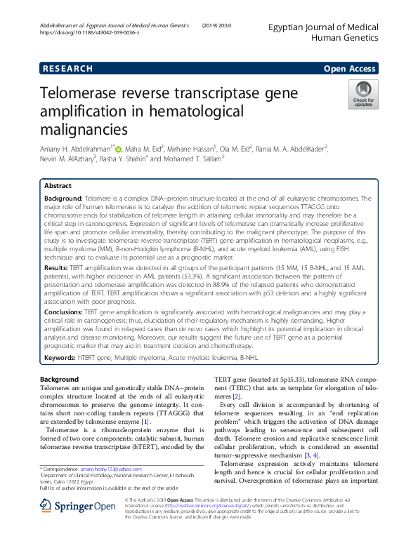 (PDF) Telomerase reverse transcriptase gene amplification in hematological malignancies | Ola ...