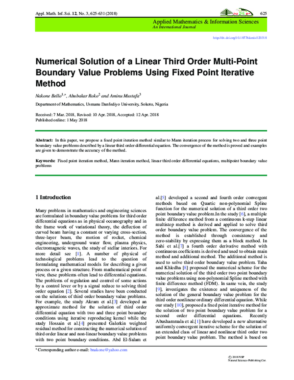 (PDF) Numerical Solution of a Linear Third Order Multi-Point Boundary Value Problems Using Fixed ...