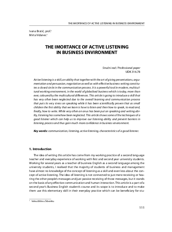 (PDF) Važnost Aktivnog Slušanja U Poslovnom Okruženju