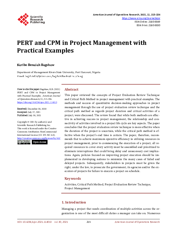 (PDF) NEW PERT and CPM in Project Management with Practical Examples