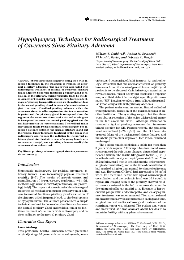 (PDF) Hypophysopexy Technique for Radiosurgical Treatment of Cavernous ...