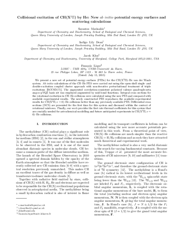 (PDF) Collisional excitation of CH(X 2 Π) by He: new ab initio ...