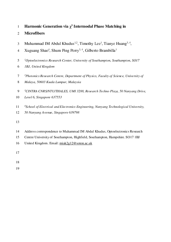 (PDF) Harmonic Generation Via χ3Intermodal Phase Matching in Microfibers