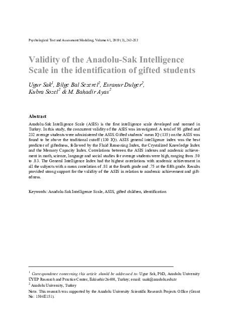 (PDF) Validity of the Anadolu-Sak Intelligence Scale in the ...