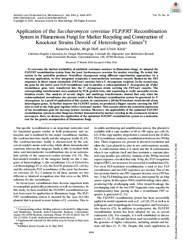 (PDF) Application of the Saccharomyces cerevisiae FLP/ FRT ...