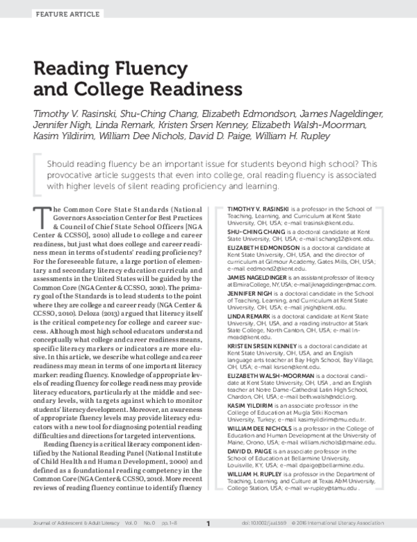 (PDF) Reading Fluency and College Readiness