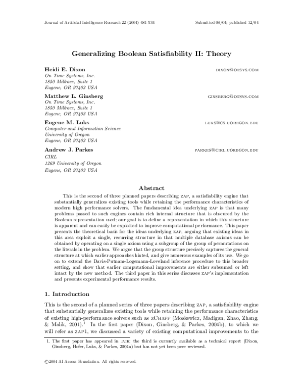 Pdf 2004 ‘generalizing Boolean Satisfiability Ii Theory Eugene Luks