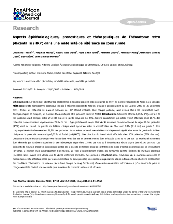 (PDF) Aspects épidémiologiques, pronostiques et thérapeutiques de l ...