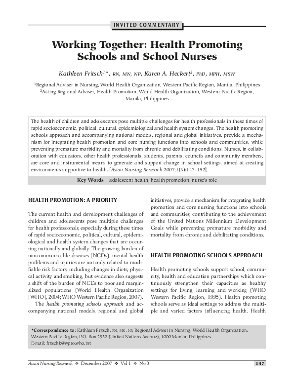 (PDF) Working Together: Health Promoting Schools and School Nurses