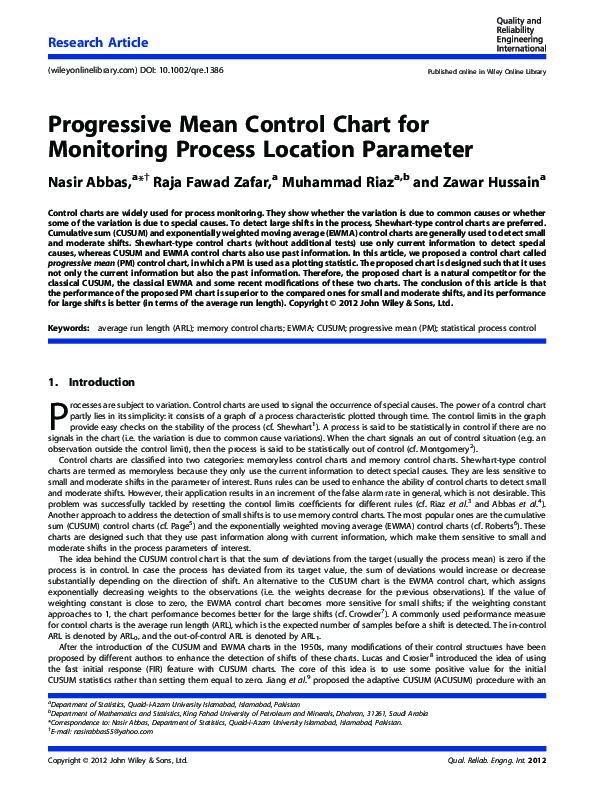(PDF) Progressive Mean Control Chart for Monitoring Process Location Parameter