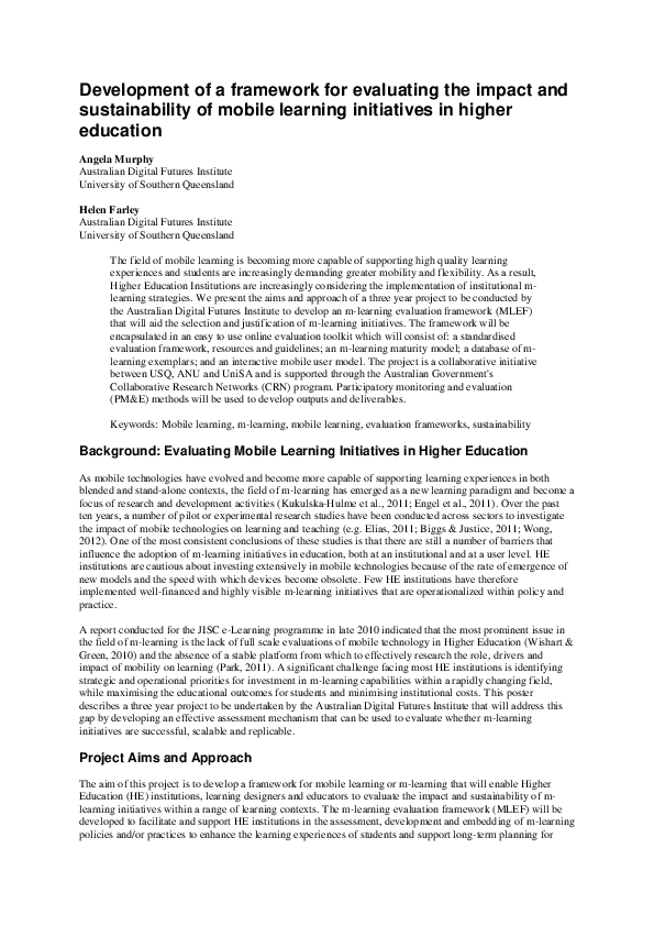 (PDF) Developing a framework for evaluating the impact and sustainability of mobile learning ...