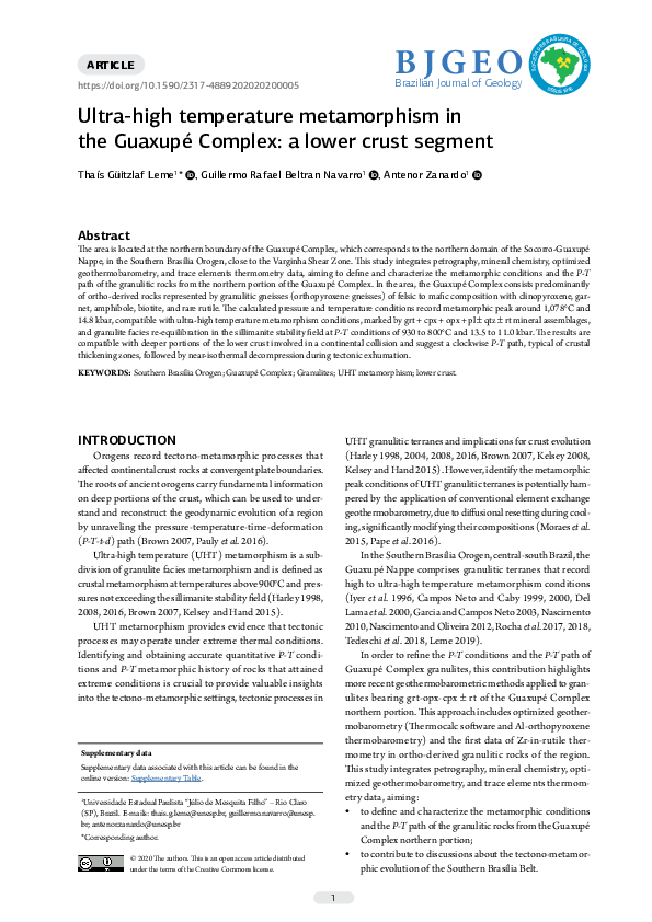 Ultra-high temperature metamorphism in the Guaxupé Complex: a lower ...