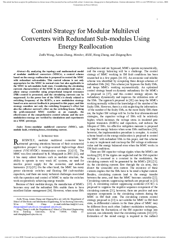 Pdf Control Strategy For Modular Multilevel Converter Applied To Active Power Injection And