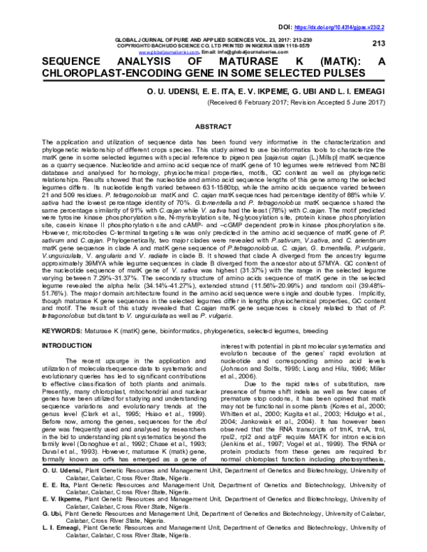 (PDF) Sequence analysis of Maturase K (matK): A chloroplast-encoding gene in some selected pulses