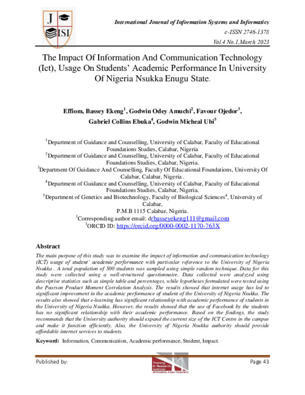 (PDF) Impact Of Information and Communication Technology (ICT), Usage on Students’ Academic ...