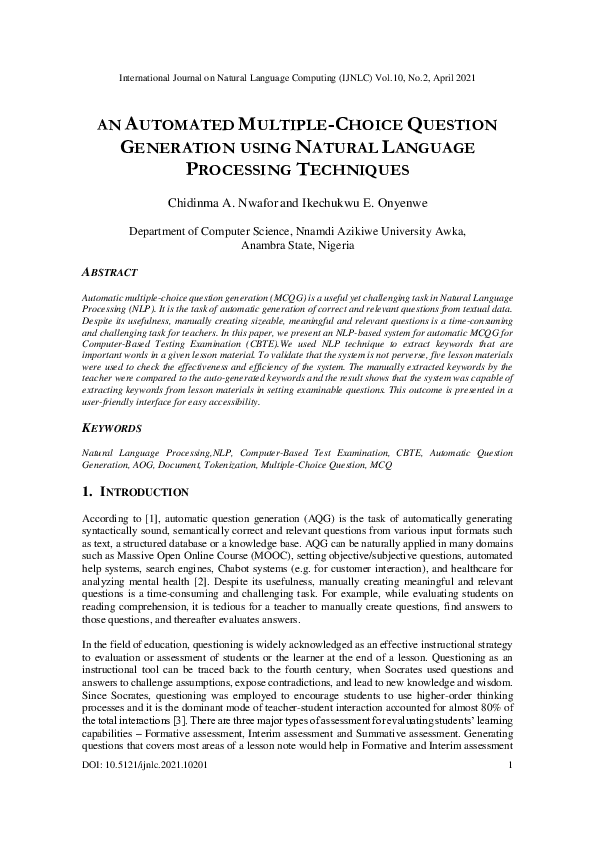 Pdf An Automated Multiple Choice Question Generation Using Natural Language Processing Techniques 
