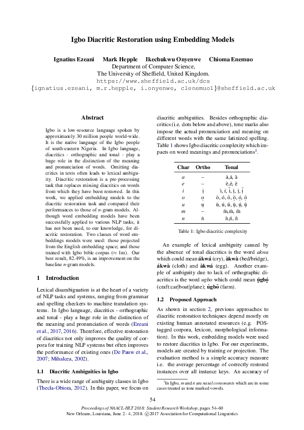 (PDF) Igbo Diacritic Restoration using Embedding Models