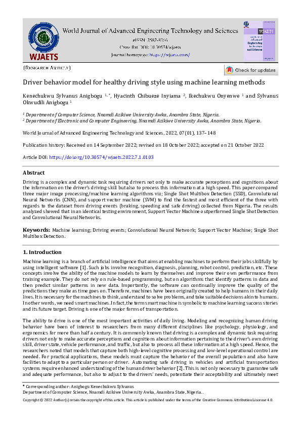 (PDF) Driver behavior model for healthy driving style using machine learning methods