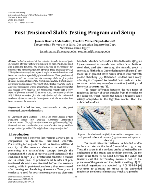 (PDF) Post Tensioned Slab’s Testing Program and Setup