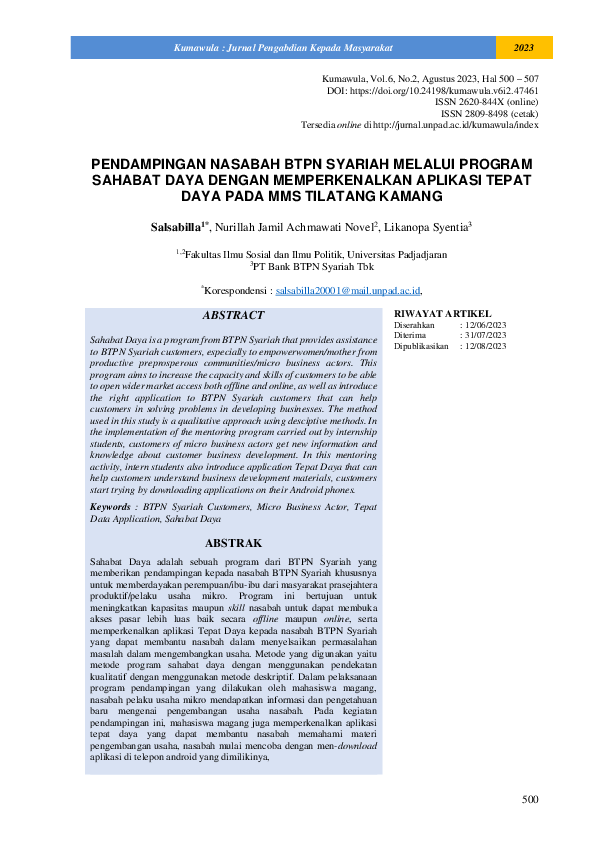 (PDF) Pendampingan Nasabah BTPN Syariah Melalui Program Sahabat Daya Dengan Memperkenalkan ...