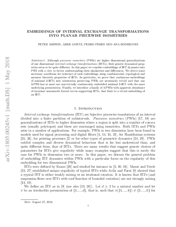 (PDF) Embeddings of interval exchange transformations into planar piecewise isometries