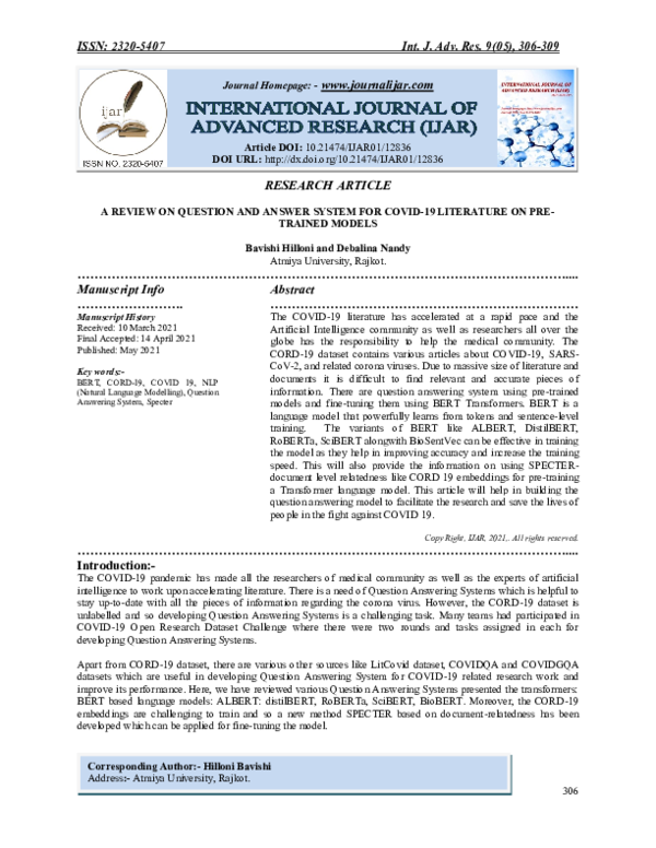 (PDF) A Review on Question and Answer System for COVID-19 Literature on ...