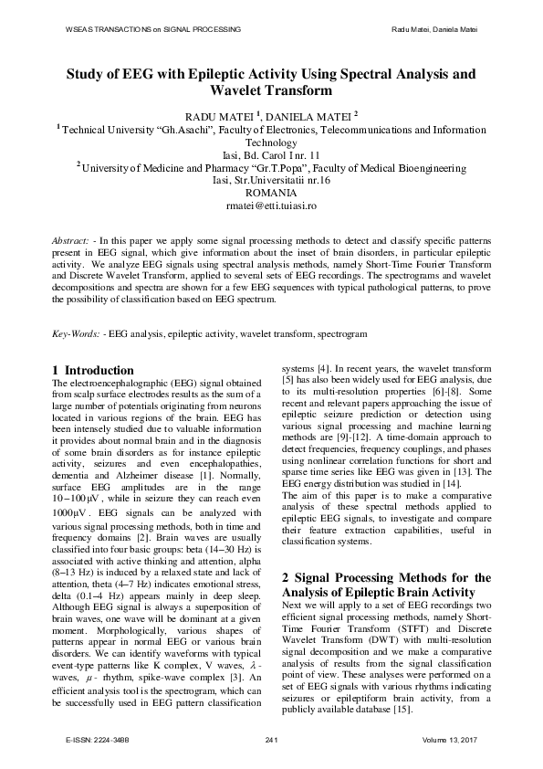 (PDF) Study of EEG with Epileptic Activity Using Spectral Analysis and Wavelet Transform