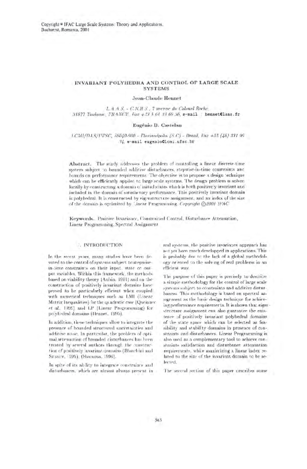 (PDF) Invariant Polyhedra and Control of Large Scale Systems