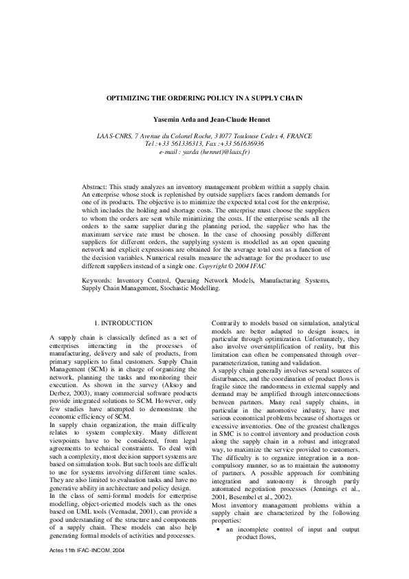 (PDF) Optimizing the Ordering Policy in a Supply Chain