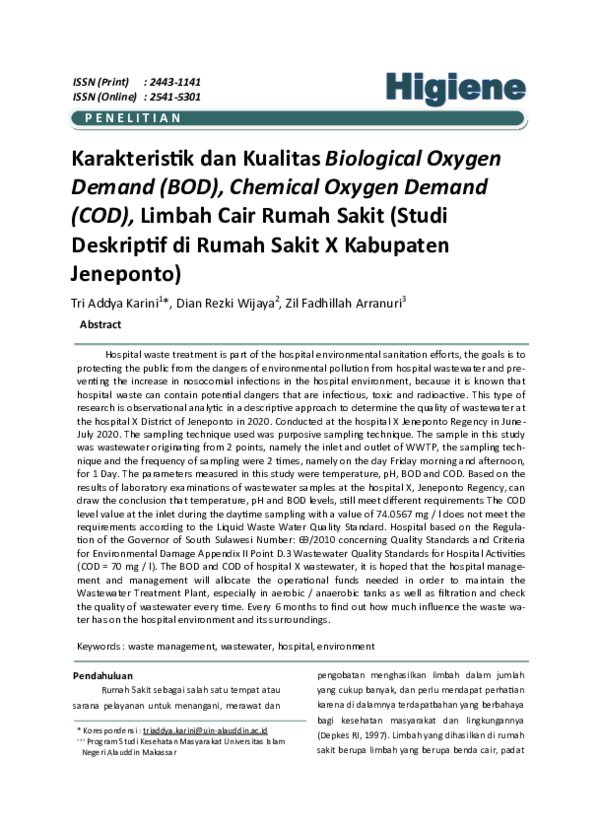 (PDF) Karakteristik dan Kualitas Biological Oxygen Demand (BOD), Chemical Oxygen Demand (COD ...