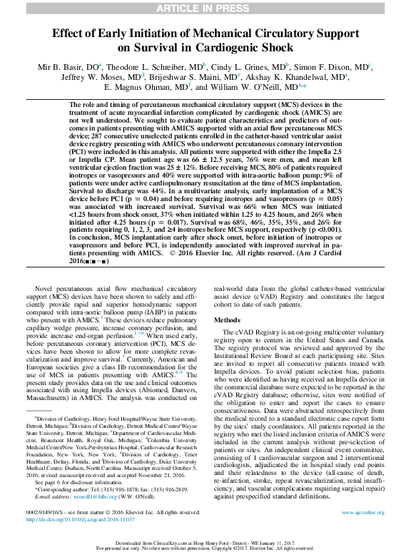 (PDF) Effect of Early Initiation of Mechanical Circulatory Support on ...