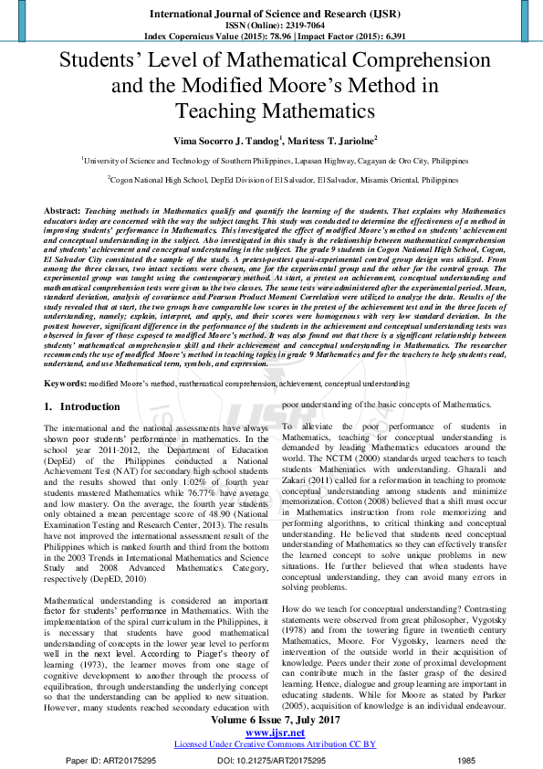 (PDF) Students? Level of Mathematical Comprehension and the Modified ...