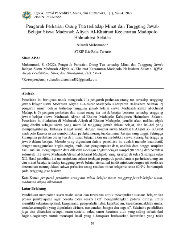 (PDF) Pengaruh Perhatian Orang Tua terhadap Minat dan Tanggung Jawab Belajar Siswa Madrasah ...