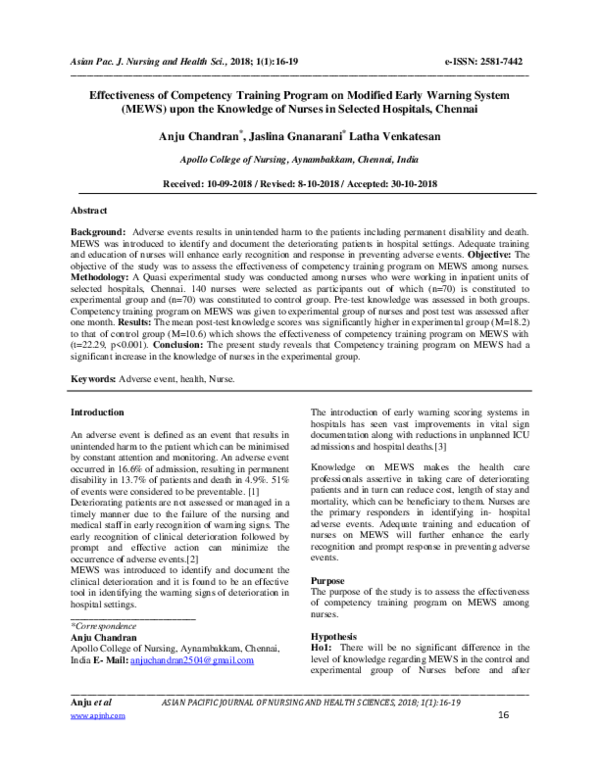 (PDF) Effectiveness of Competency Training Program on Modified Early ...