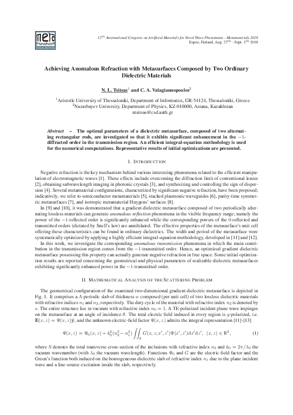 (PDF) Achieving Anomalous Refraction with Metasurfaces Composed by Two ...