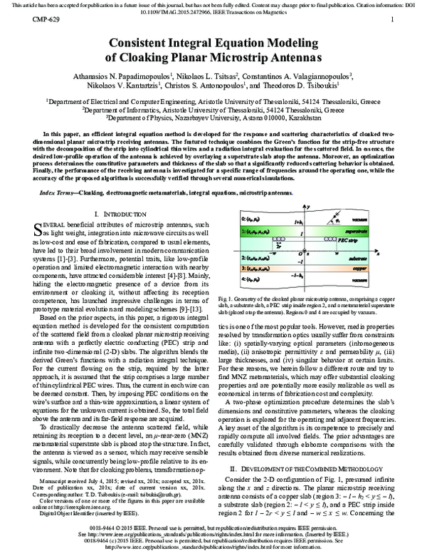 (PDF) Consistent Integral Equation Modeling of Cloaking Planar Microstrip Antennas