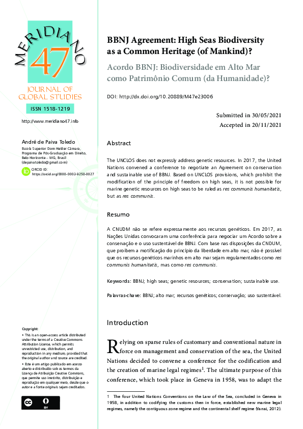(PDF) BBNJ Agreement: High Seas Biodiversity as a Common Heritage (of ...