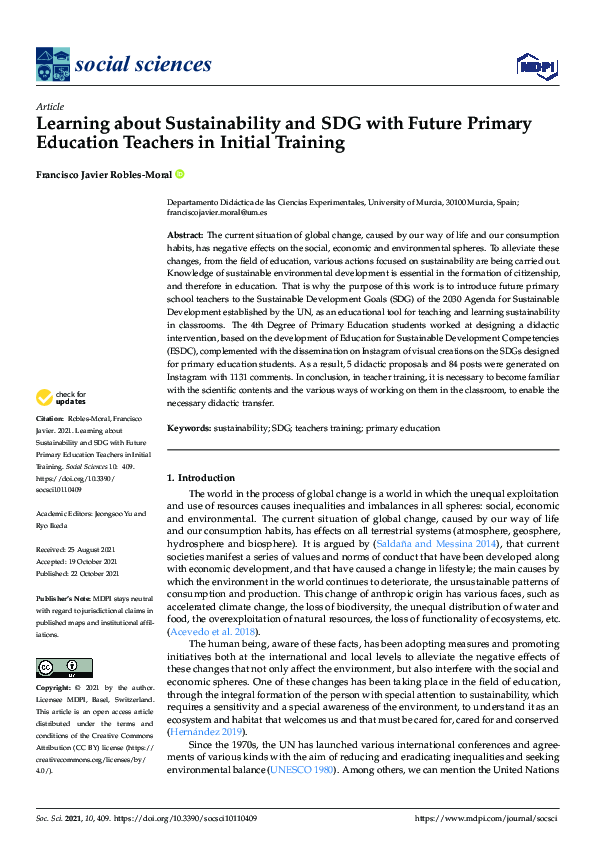 (PDF) Learning about Sustainability and SDG with Future Primary Education Teachers in Initial ...
